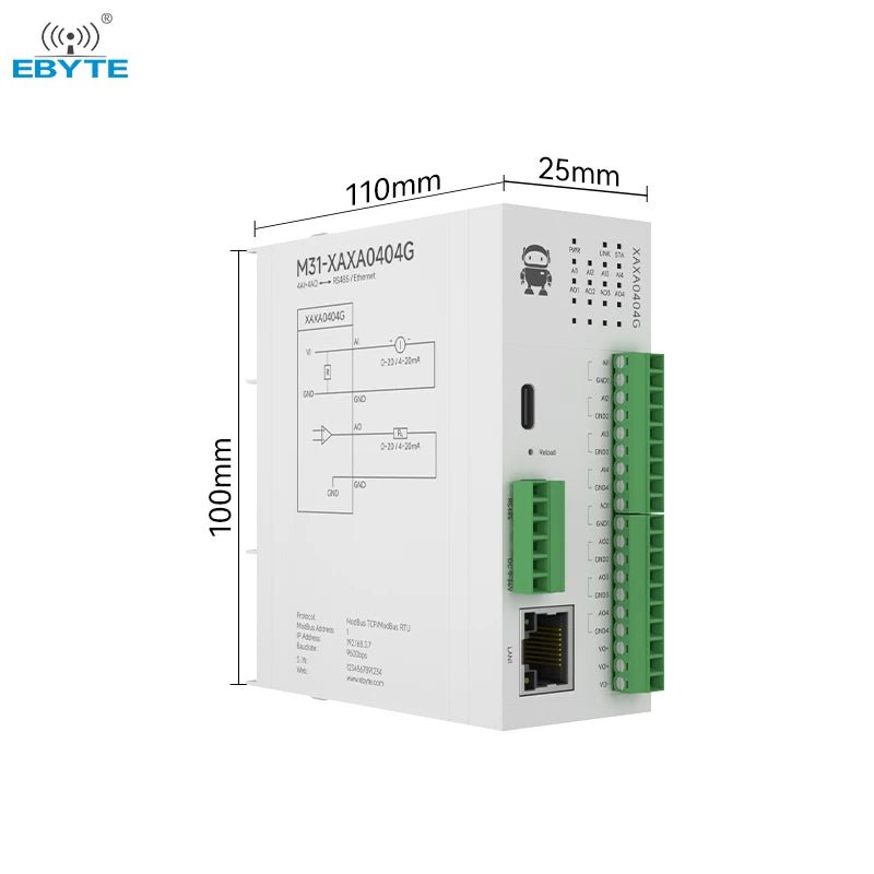 Ebyte 4AI+4AO M31-XAXA0404G host Support Modbus TCP/RTU RJ45/RS485 ...
