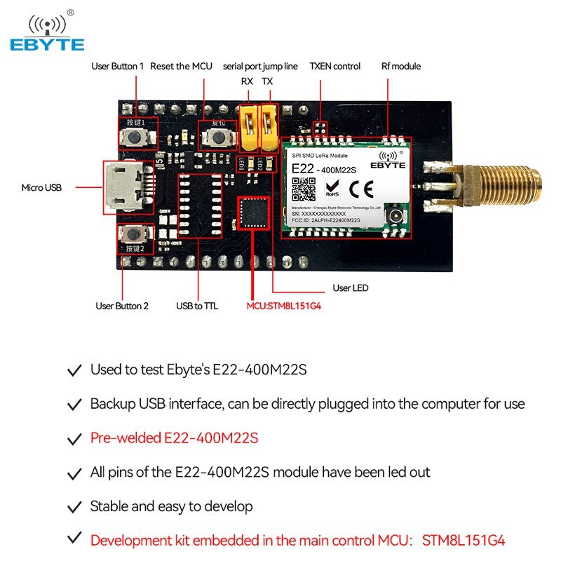 LoRa Development Evaluation Kit E22-400M22S USB TTL MCU STM8L151G4 ...